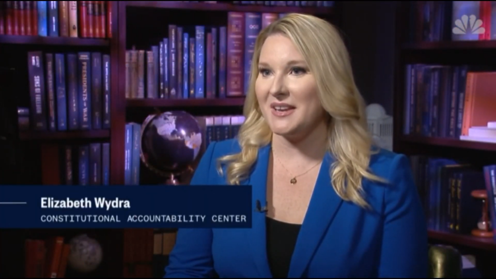 CAC President Elizabeth Wydra appearing on NBC News on October 9, 2019 ...